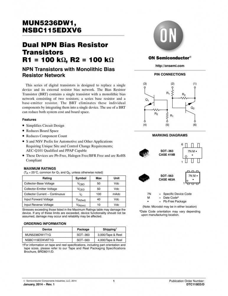 NSBC115EDXV6T1G datasheet page 1