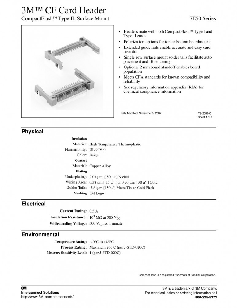 3M TS-2082-C CompactFlash Type II surface-mount header document page 1
