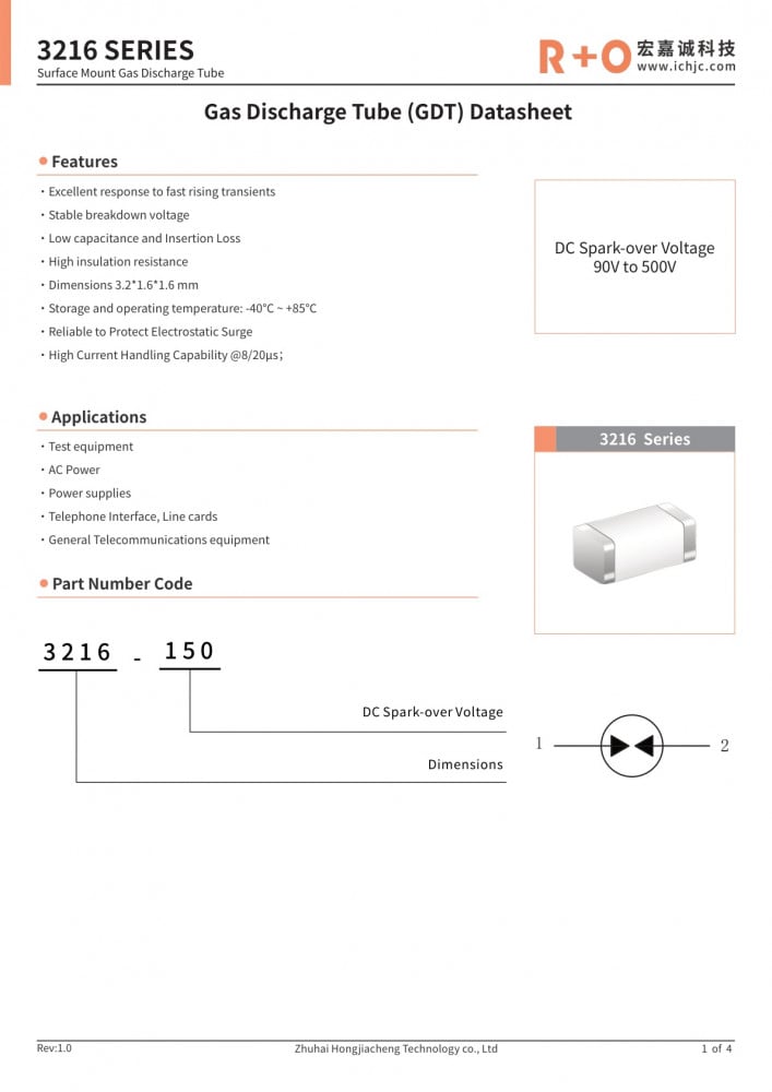 R+O 3216 Series GDT datasheet page 1