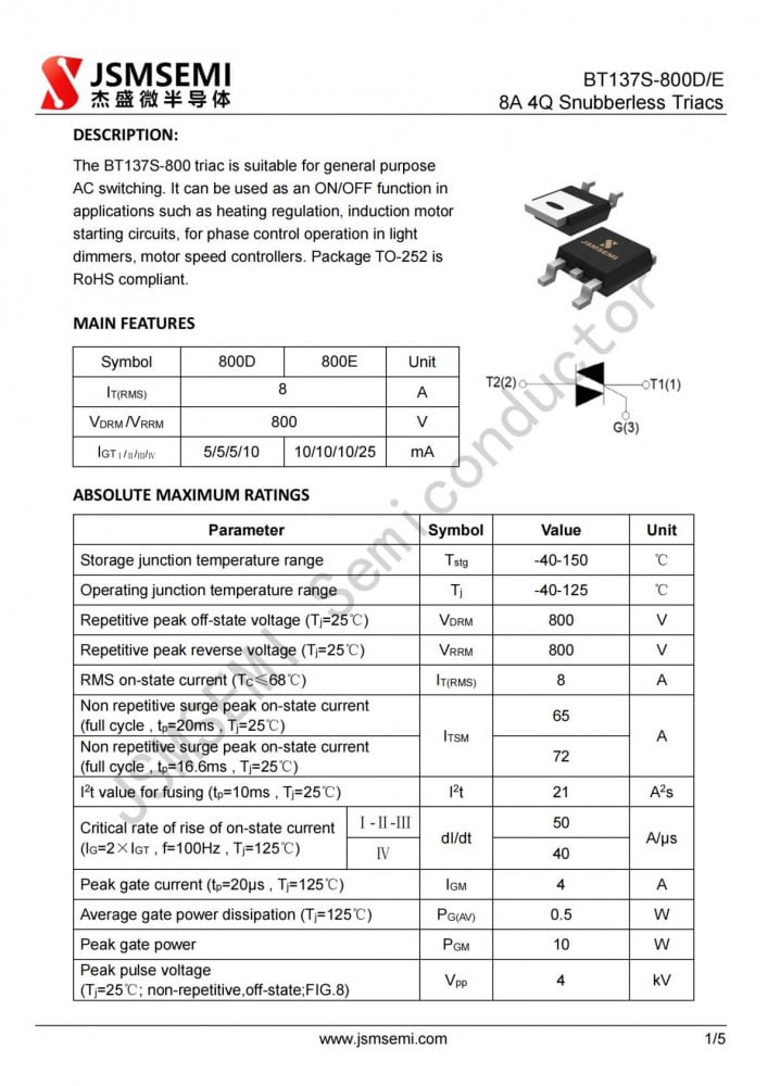 BT137S-800D-JSM datasheet page 1