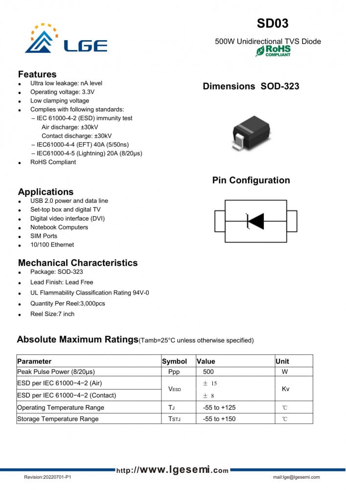 LGE SD03 datasheet page 1