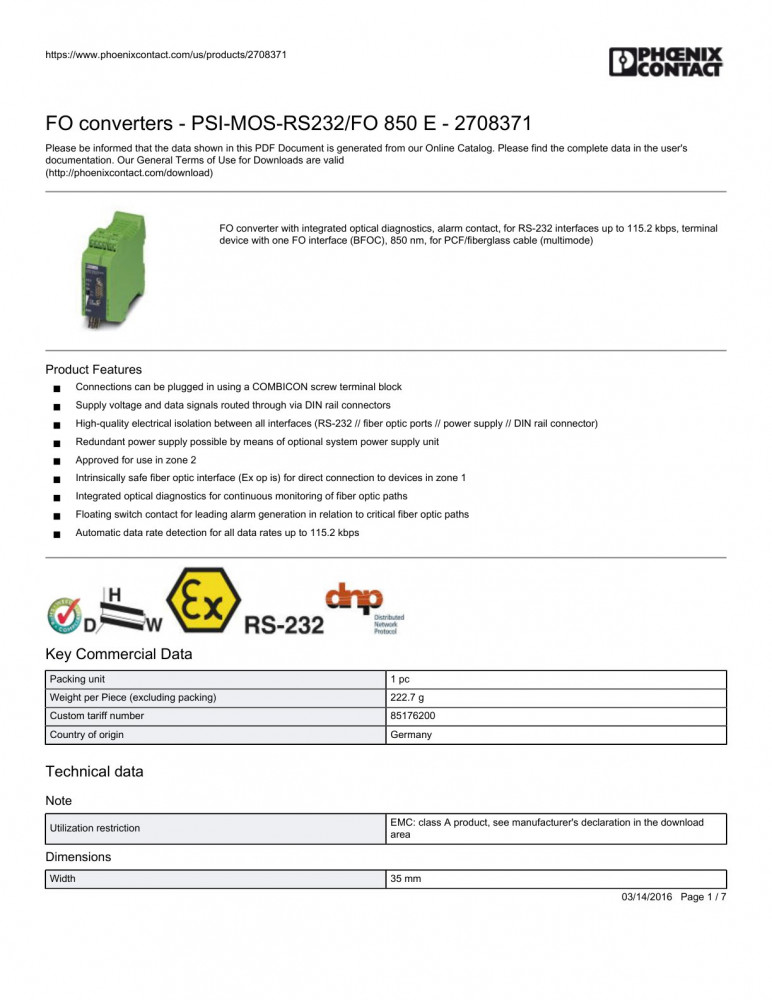 PSI-MOS-RS232/FO 850 E technical document page 1