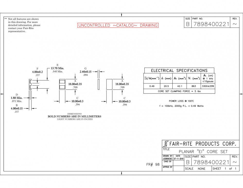 Fair-Rite 7898400221 Planar EI Core Set drawing