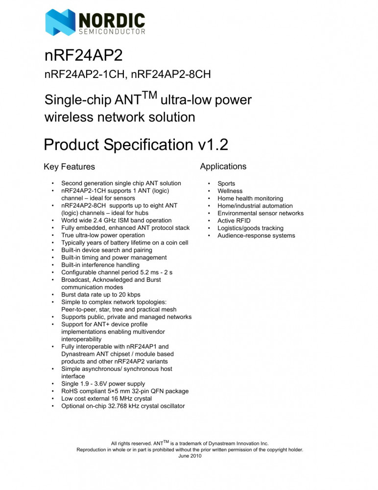 nRF24AP2 specification page 1