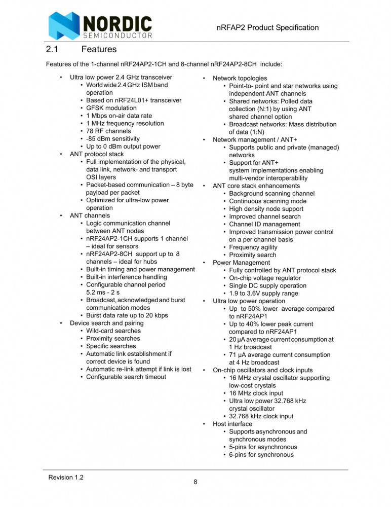 nRF24AP2 specification page 8