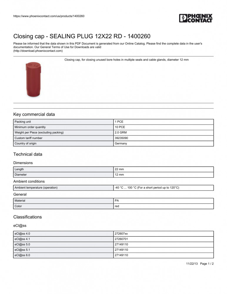 Phoenix Contact 1400260 technical document page 1