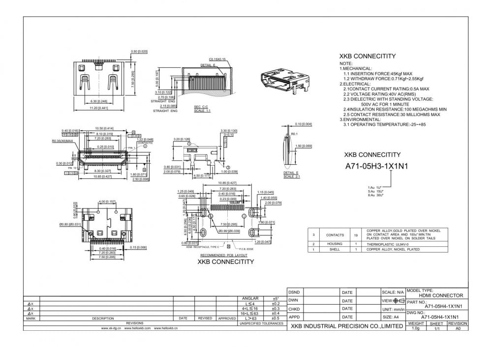 XKB A71-05H4-111N1 HDMI connector technical drawing