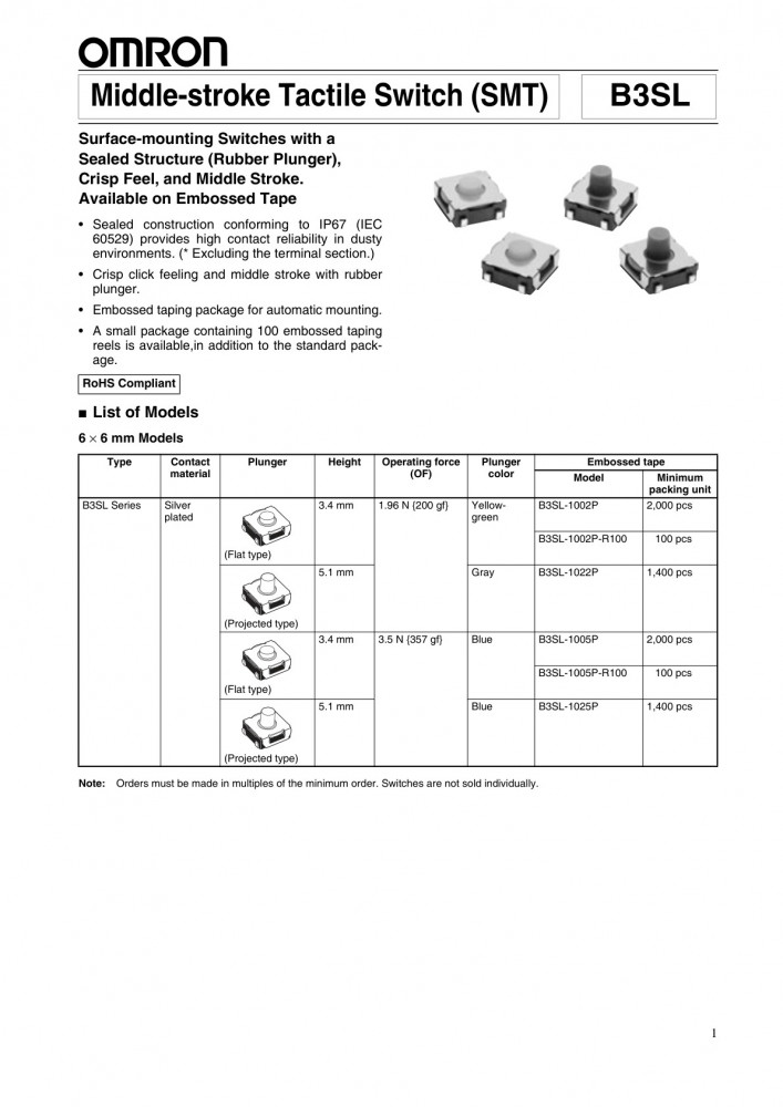 OMRON B3SL series datasheet page 1