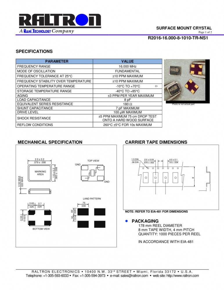 Raltron R2016-16.000-8-1010-TR-NS1 technical document page 1
