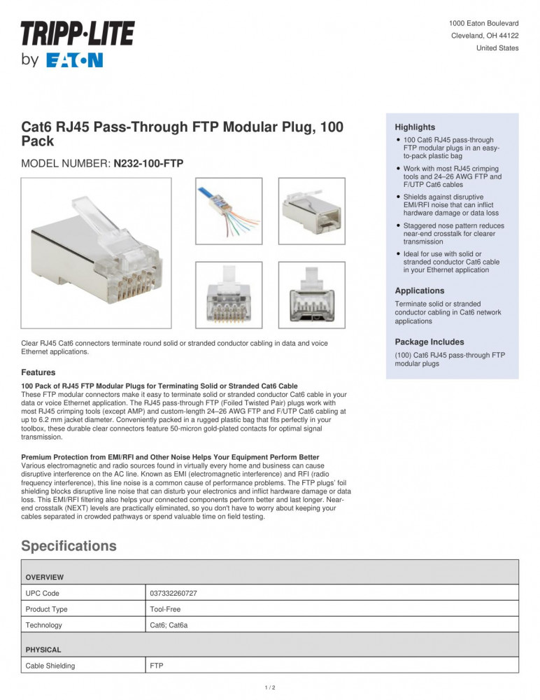 EATON N232-100-FTP technical document page 1