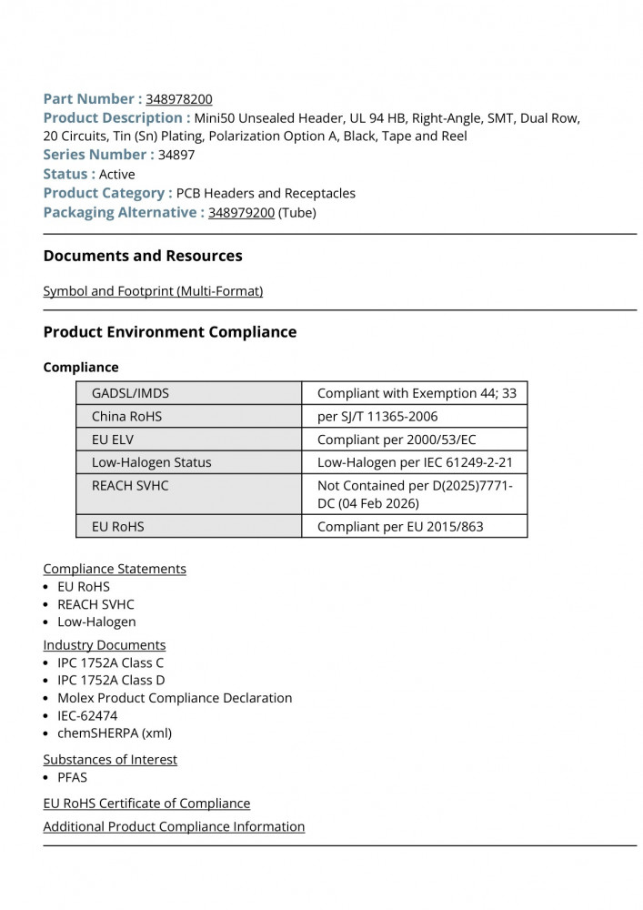 Technical document page 1 for MOLEX Mini50 header