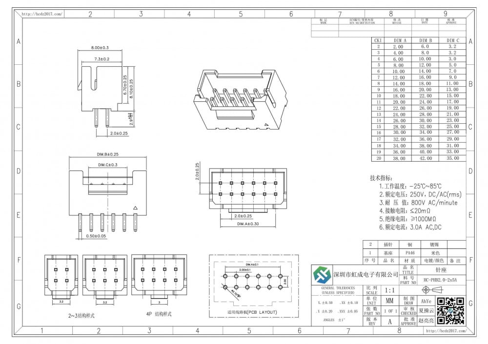 Hong Cheng HC-PHB2.0-2x5A technical drawing