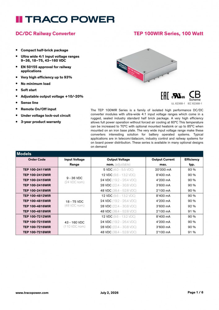 TEP 100WIR technical document, page 1