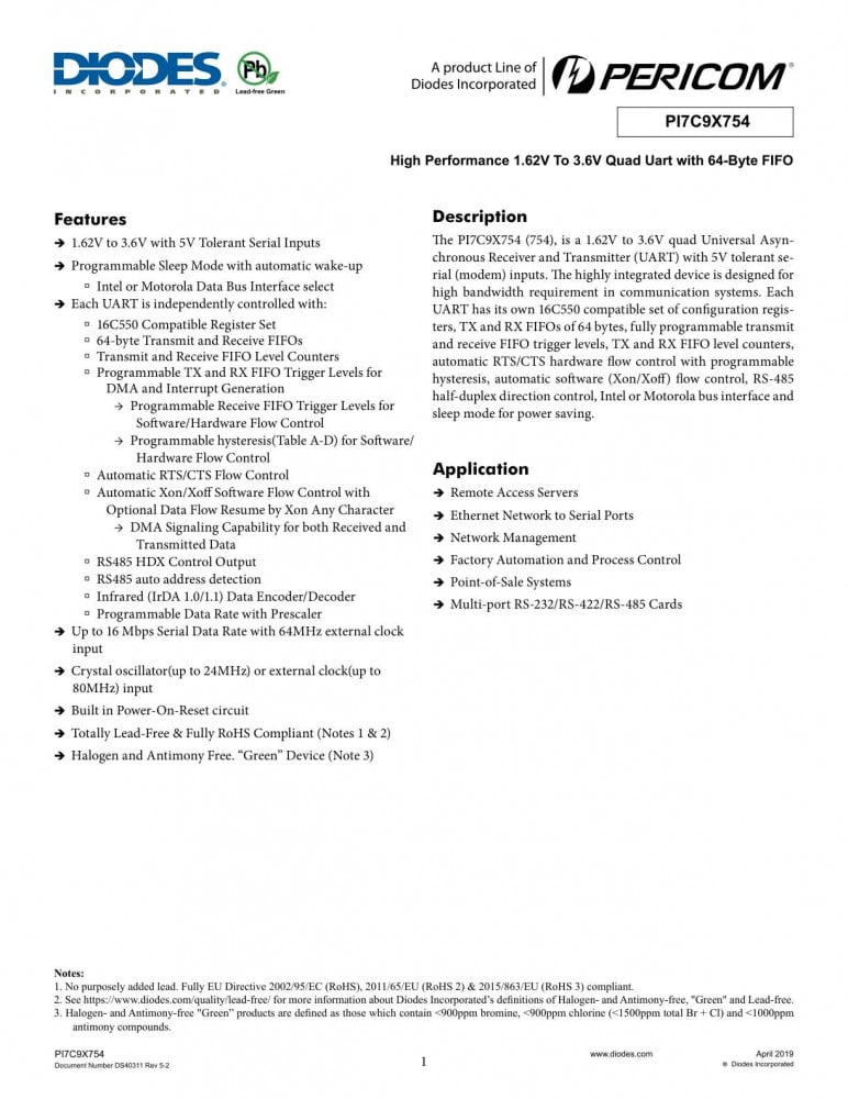 PI7C9X754 datasheet page 1