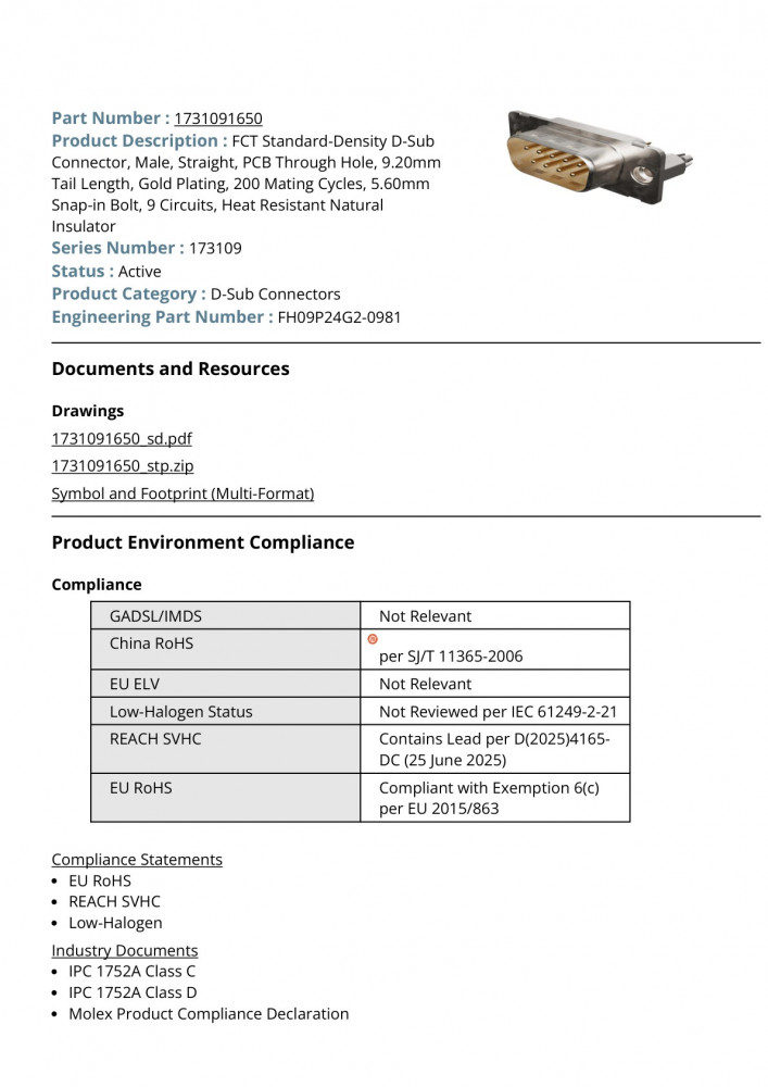 MOLEX 1731091650 technical drawing, page 1