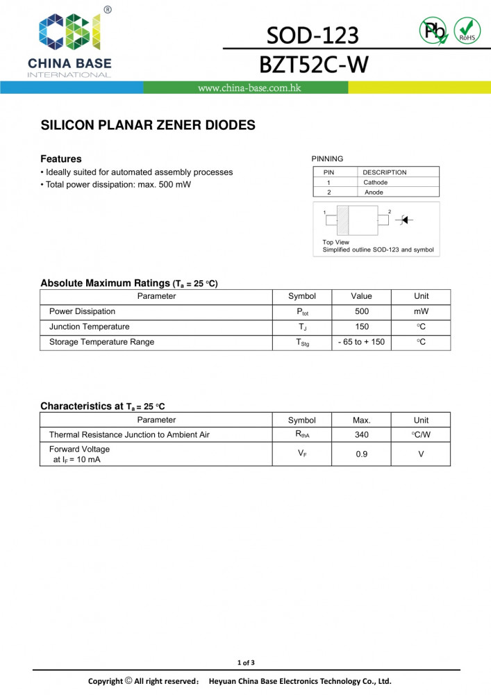 CBI BZT52C3V3W datasheet page 1