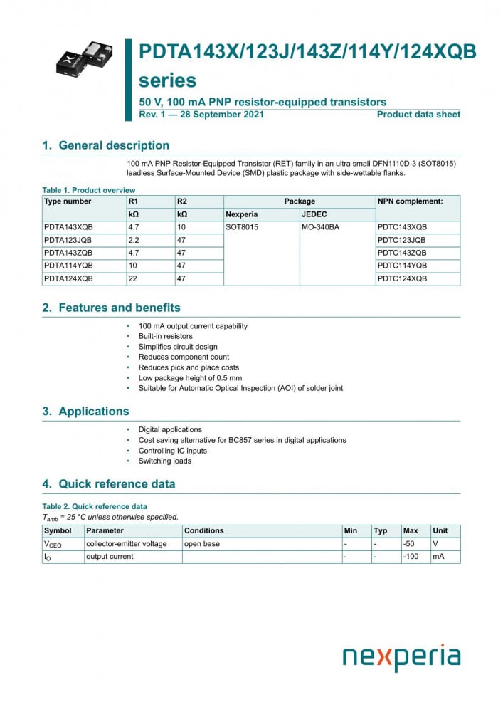 PDTA124XQBZ datasheet page 1