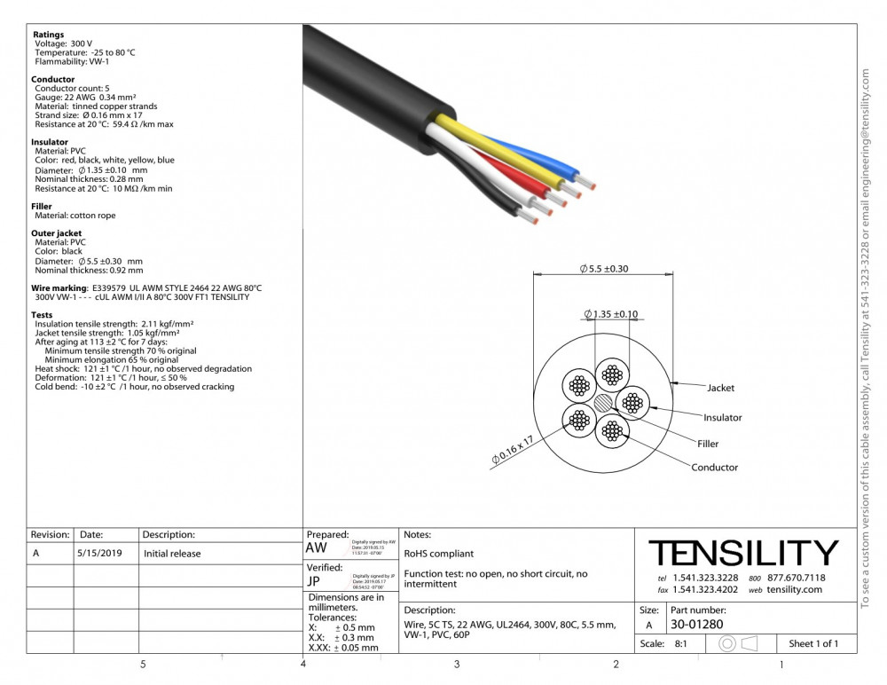 Tensility International 30-01280 product drawing and cable specification