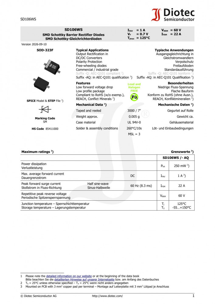 DIOTEC SD106WS datasheet page 1