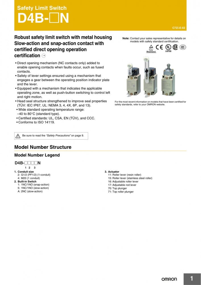 OMRON D4B series datasheet page 1