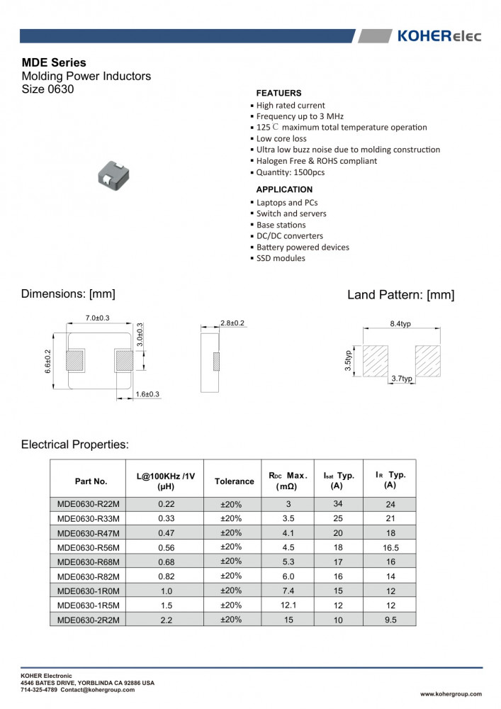 KOHERelec MDE0630 series mechanical dimensions and specifications