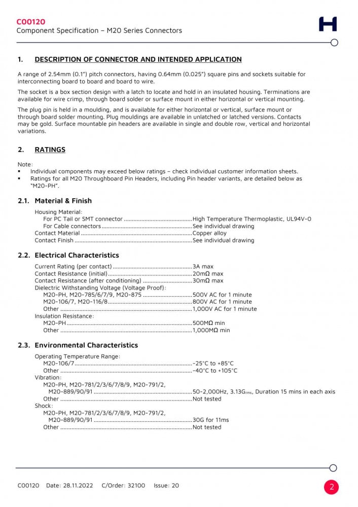 Harwin M20 Series specification page 2
