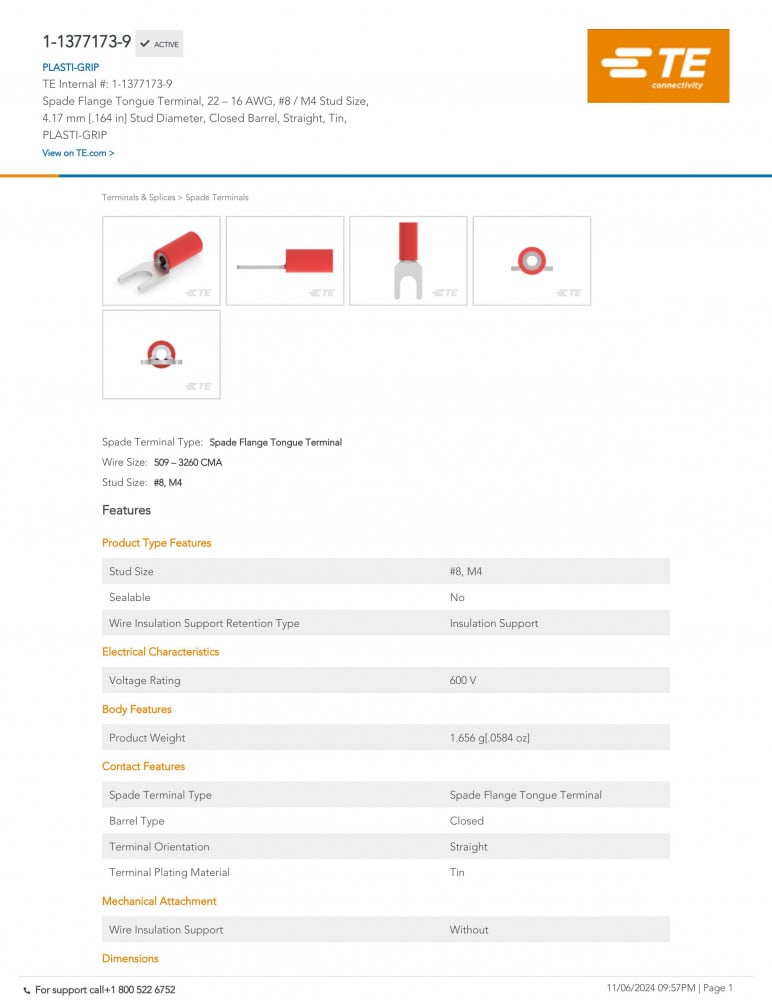 TE Connectivity product documentation page 1