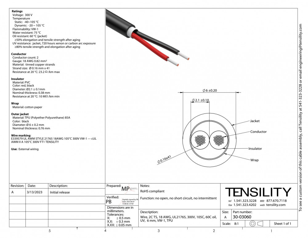 Tensility International 30-03060 cable drawing and specification page