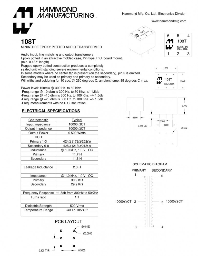 Hammond 108T technical document page 1