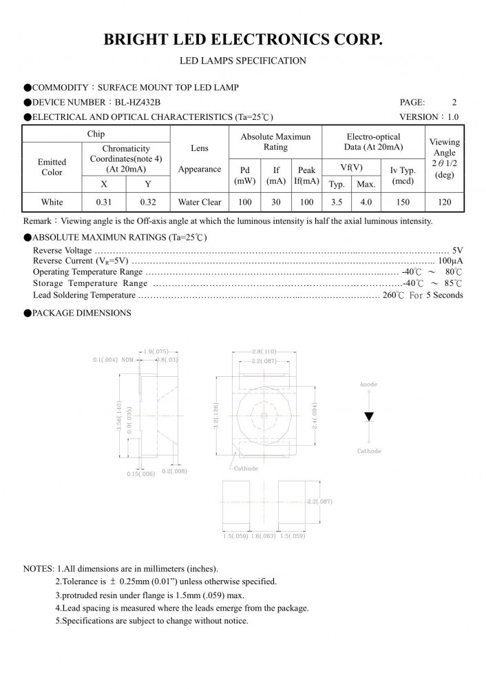 BL-HZ432B-TRB specification page 1