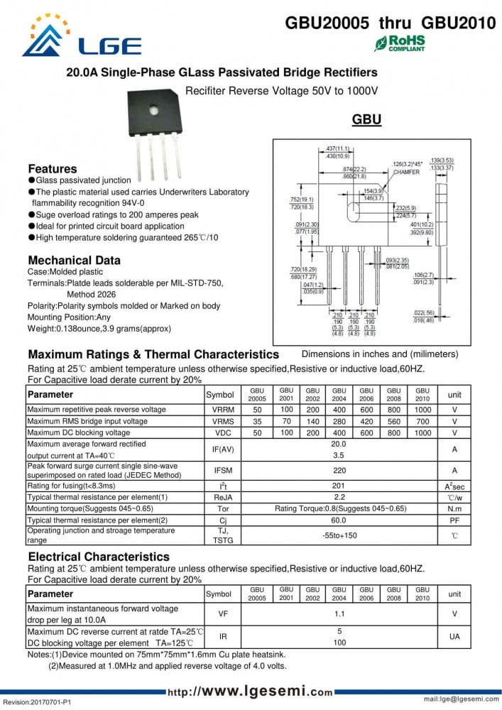 LGE GBU bridge rectifier datasheet page 1