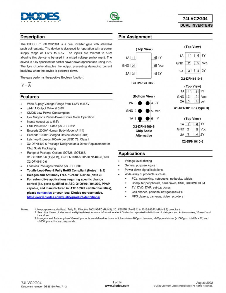 74LVC2G04 datasheet page 1