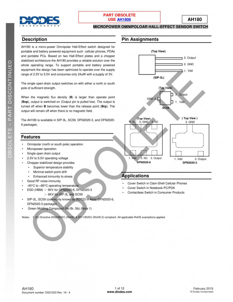 AH180 datasheet page 1