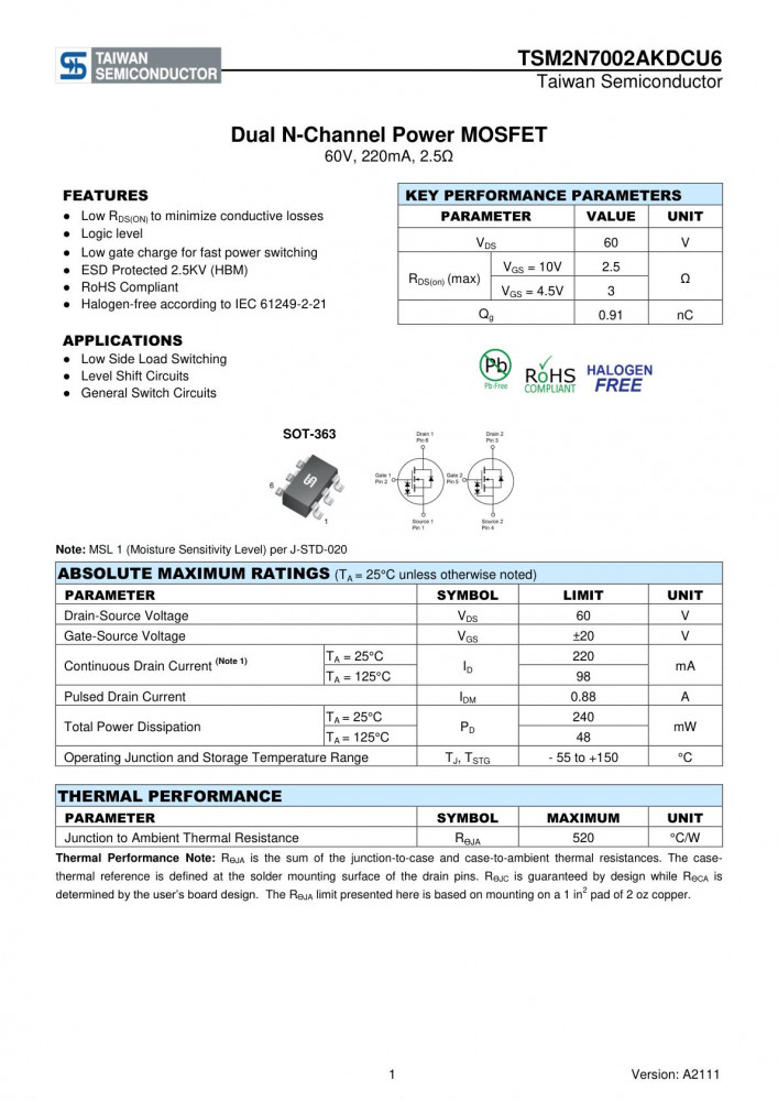 TSM2N7002AKDCU6 technical document page 1