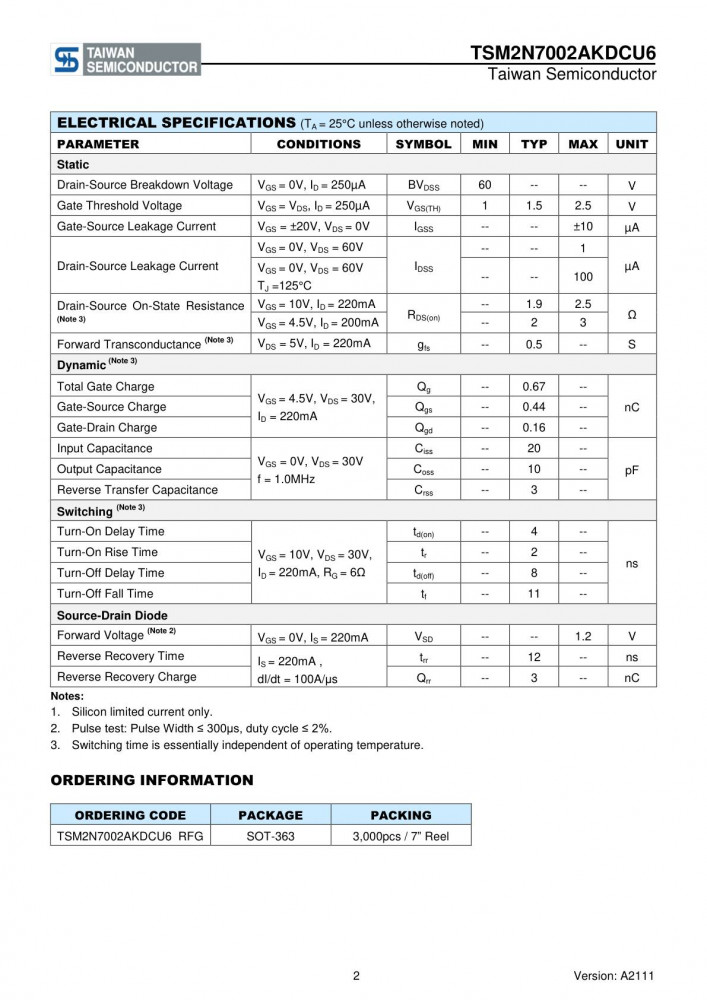 TSM2N7002AKDCU6 technical document page 2