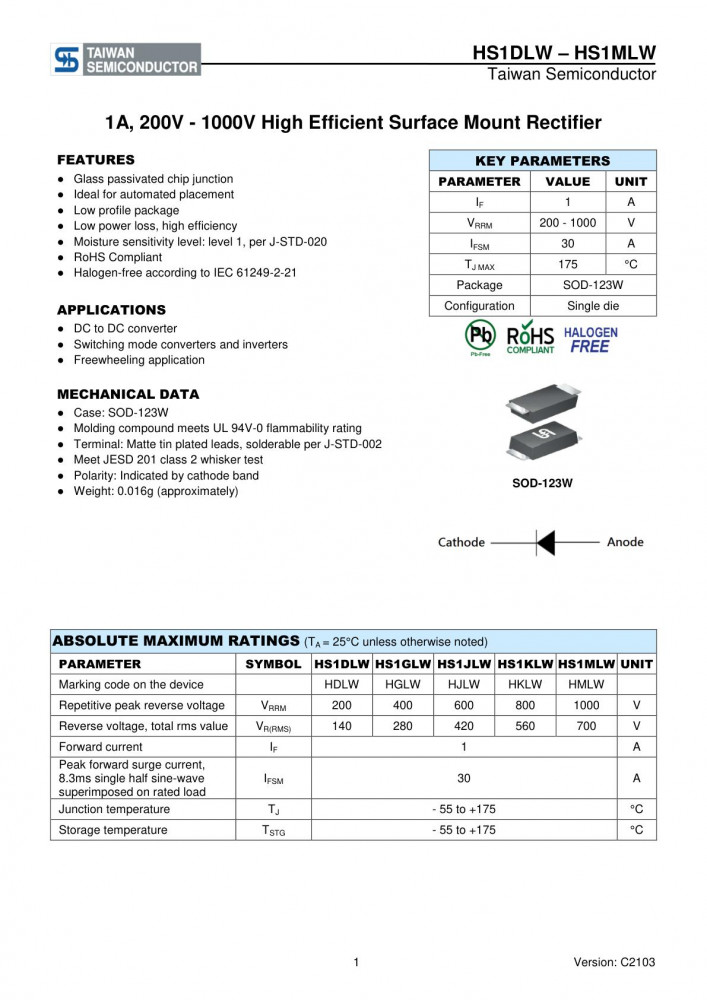 Taiwan Semiconductor HS1JLW datasheet page image 1
