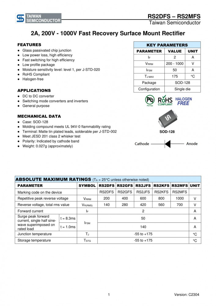 RS2DFS datasheet page 1