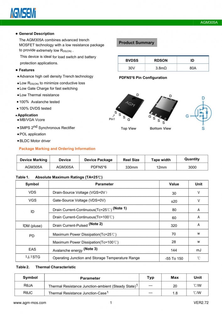AGM305A datasheet page 1