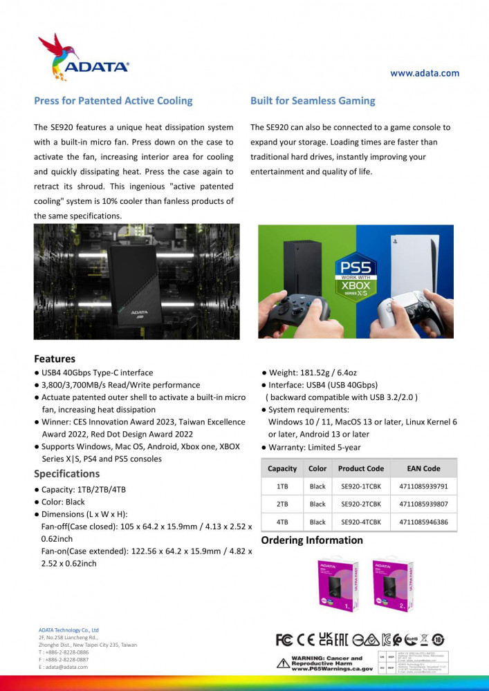 ADATA SE920 product documentation, page 2