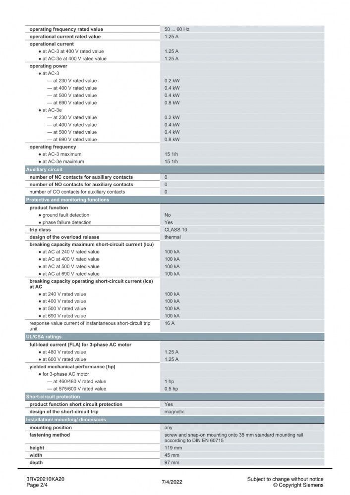 3RV20210KA20 technical document page 2