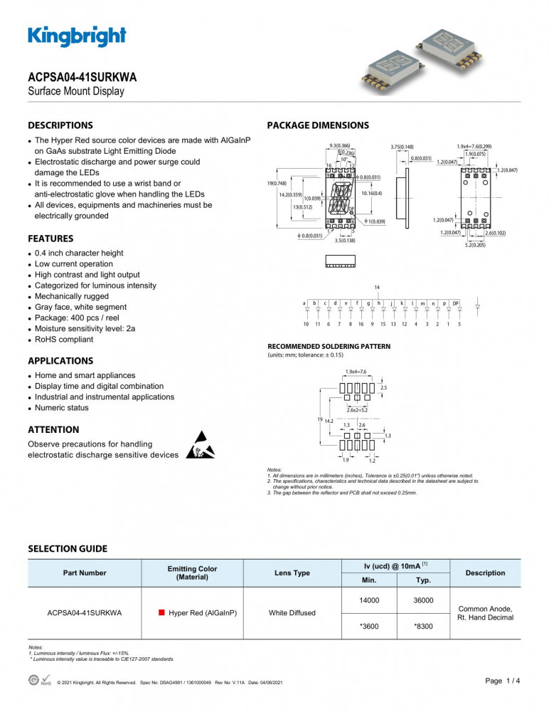 ACPSA04-41SURKWA datasheet page 1