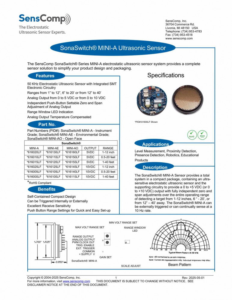 SensComp SonaSwitch MINI-A document page 1