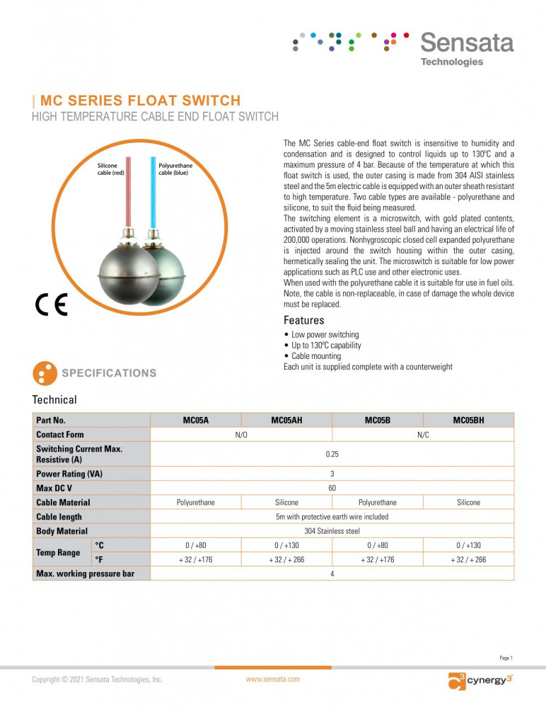 MC Series float switch technical document page 1