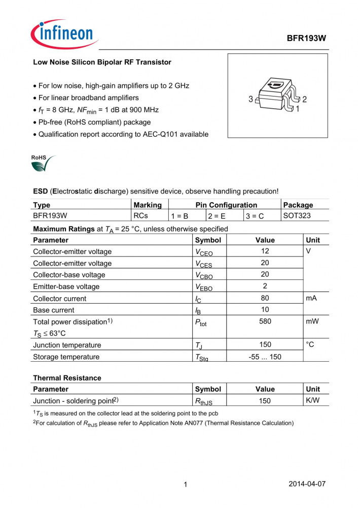 BFR193WH6327 datasheet page 1