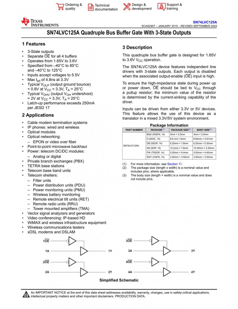 SN74LVC125A technical document page 1