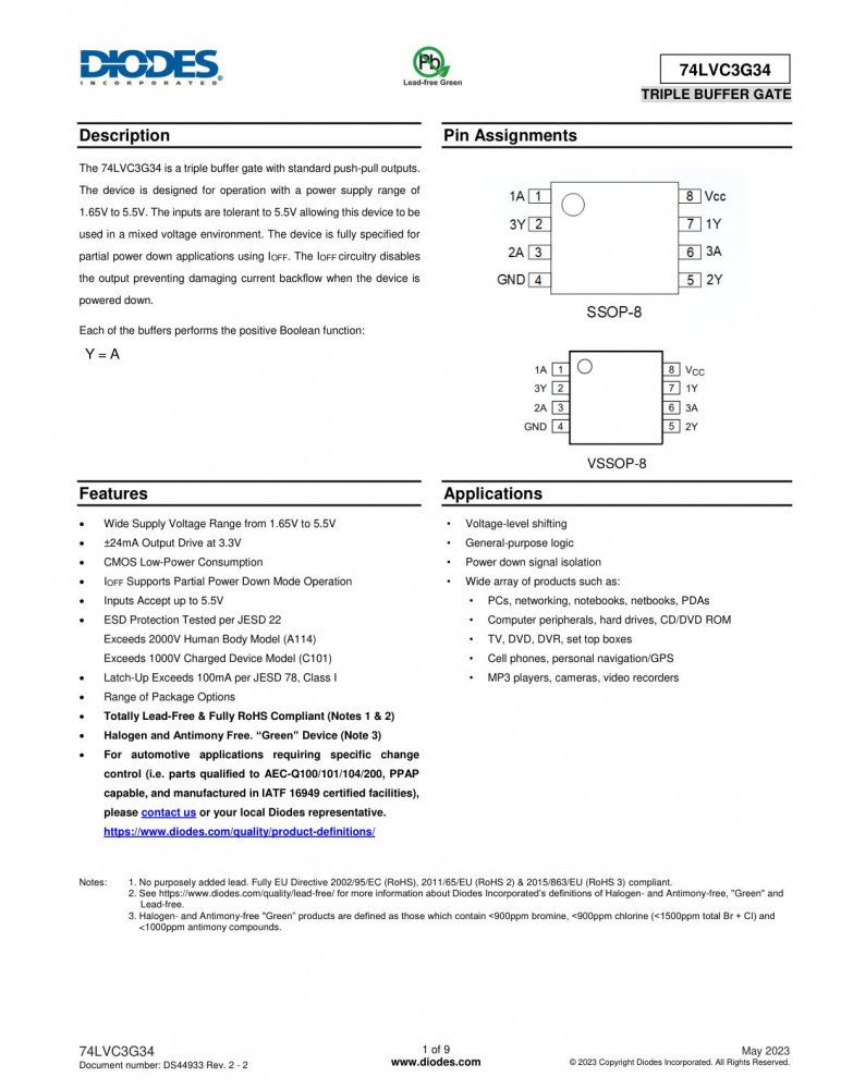 74LVC3G34V8-7 datasheet page 1