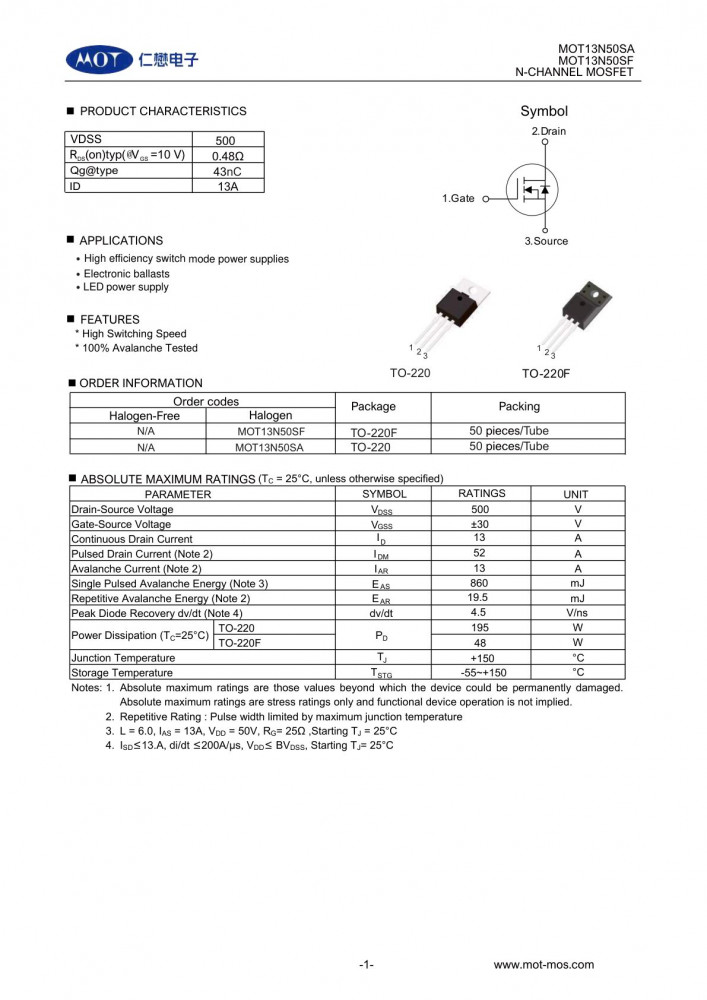 MOT13N50SF datasheet page 1