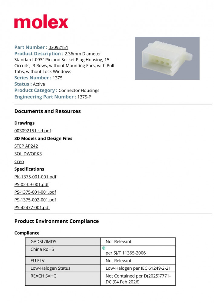 Molex .093 Standard Pin and Socket family document preview, page 1