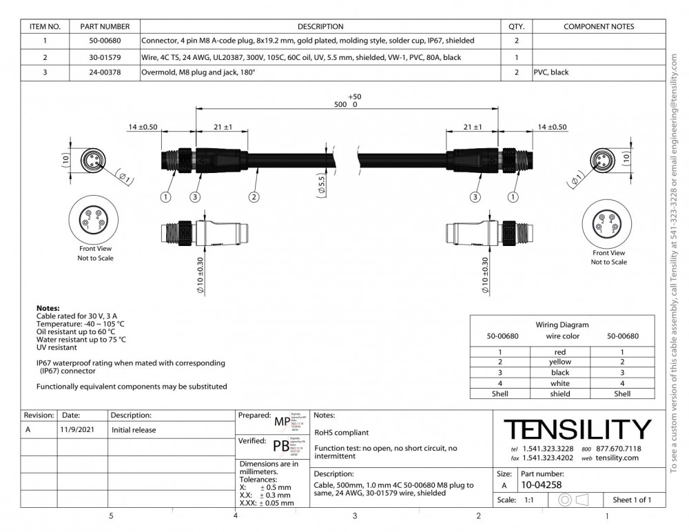 Tensility International product drawing for cable assembly 10-04258