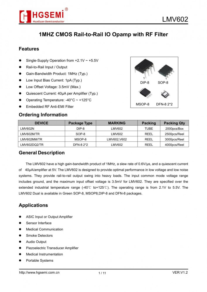 LMV602M/TR datasheet page 1